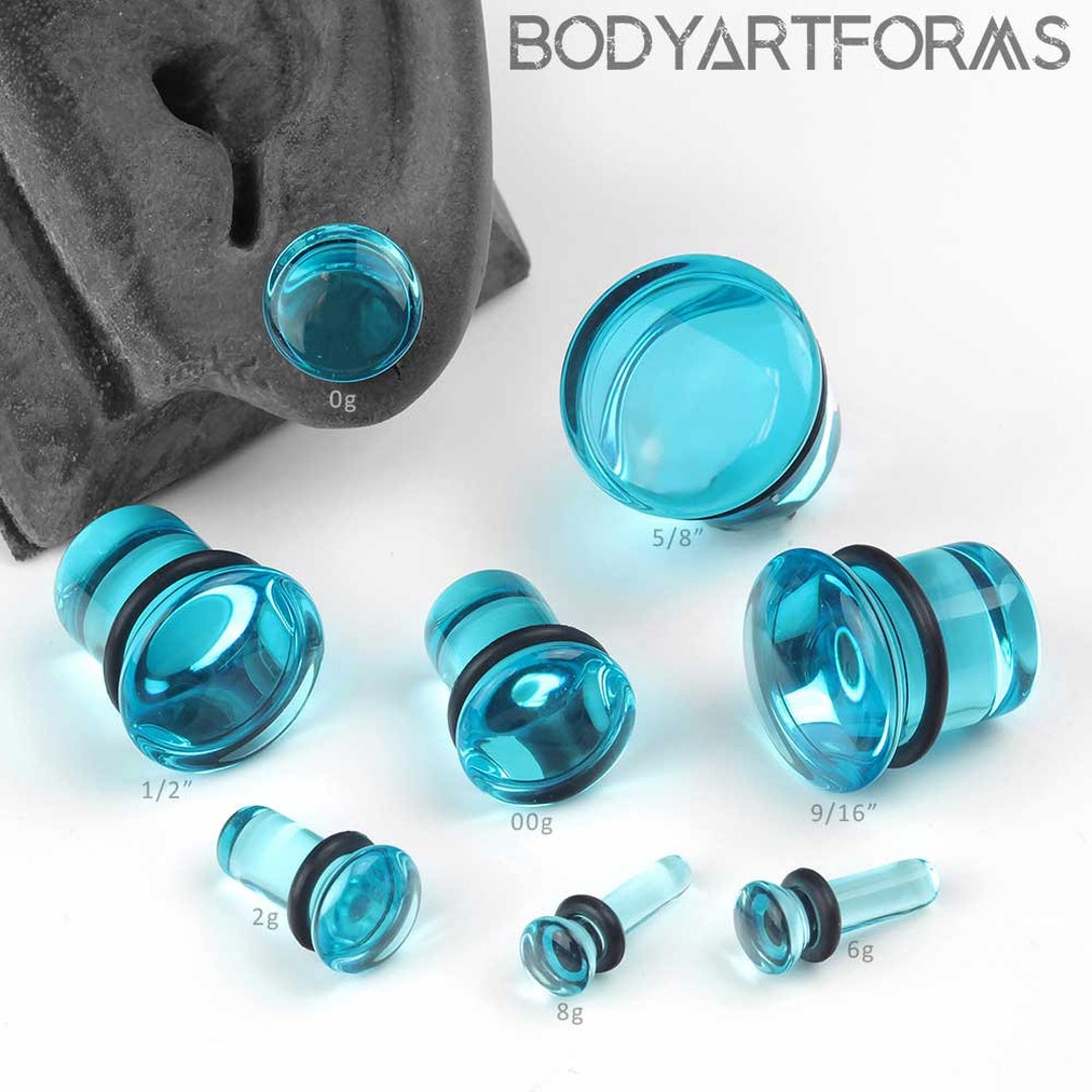 Single Flare Ice Blue Glass Plugs 8g, 6g, 4g, 2g, 1g, 0g, 00g, 7/16", 1/2", 9/16", 5/8" (sold as ...