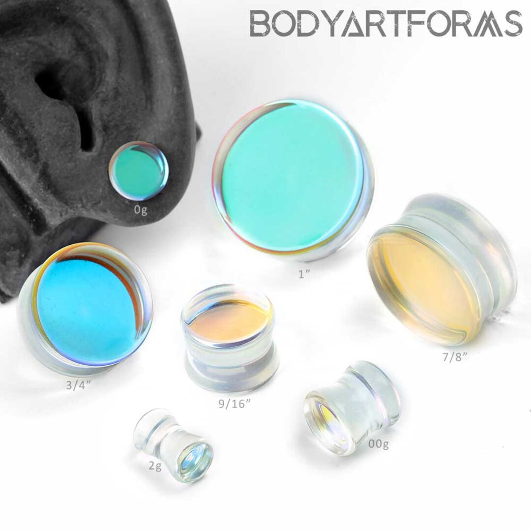 Glass Double Flare Aurora Borealis Flashback Plugs 4g, 2g, 0g, 00g, 7/ ...