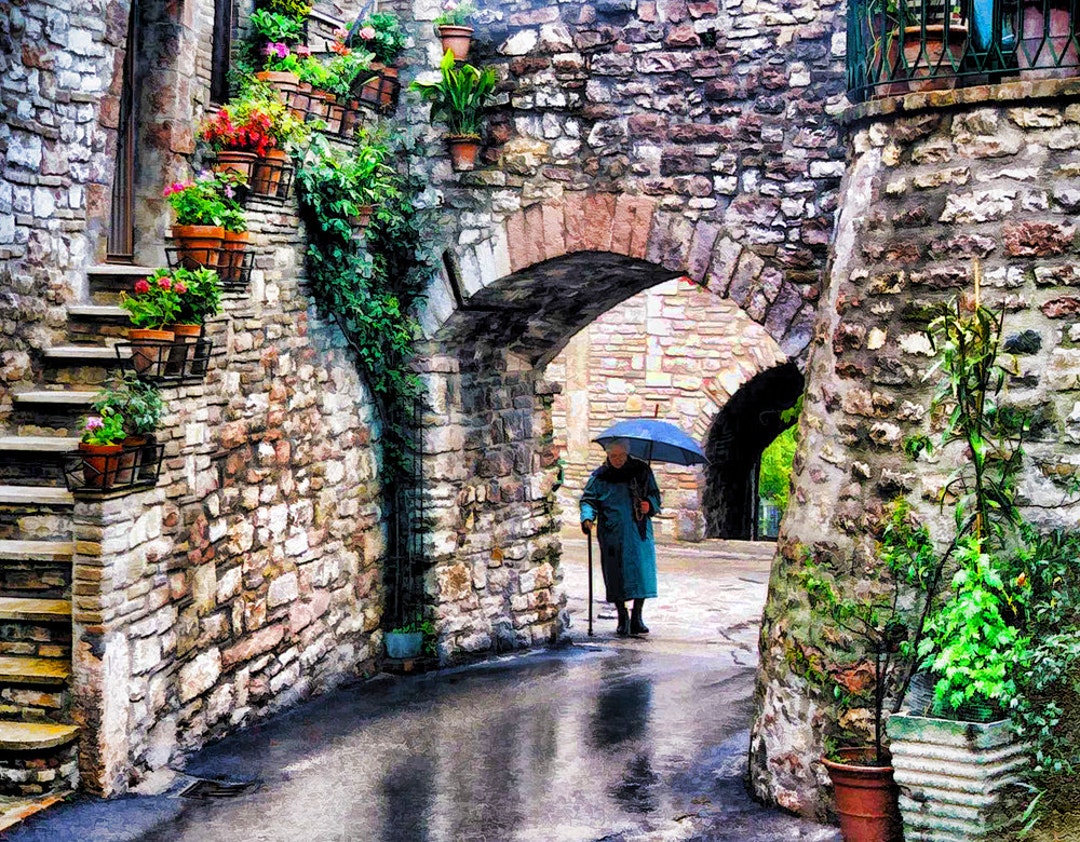 Assisi Italy Italian Woman Rain Photo Blue Umbrella Assisi - Etsy