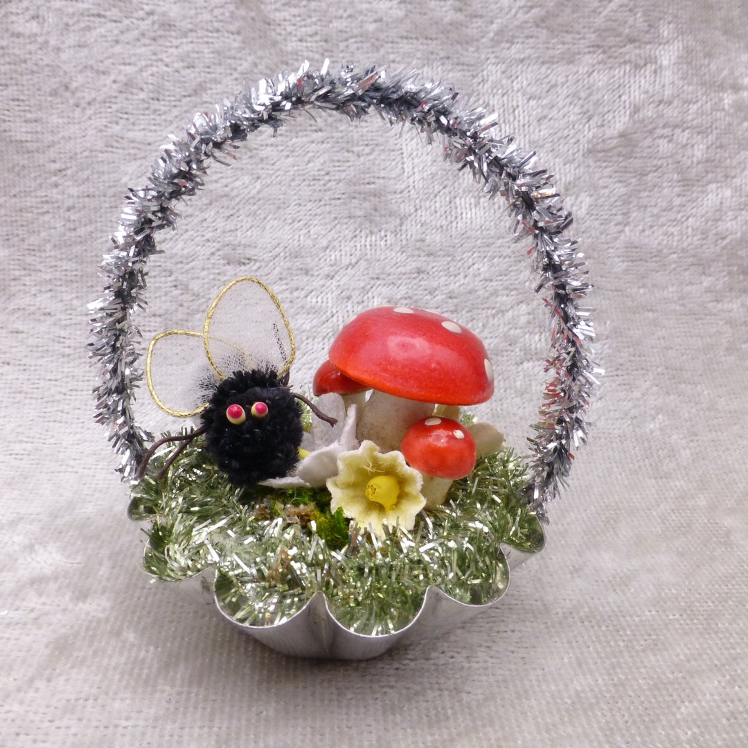 Vintage Chenille Bee Spun Cotton Mushroom Christmas Easter Ornament ...