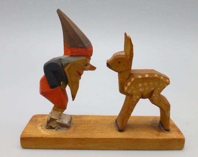 Vintage Emil Helbig Carved Wood Gnome Dwarf With Deer Figurine ...