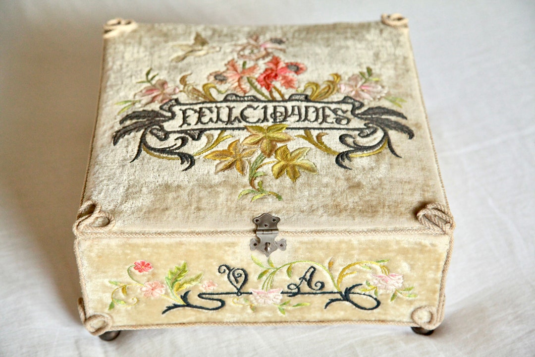 Antique Hand Embroidered Jewelry Box, Bridal Keepsake Box, Handmade ...