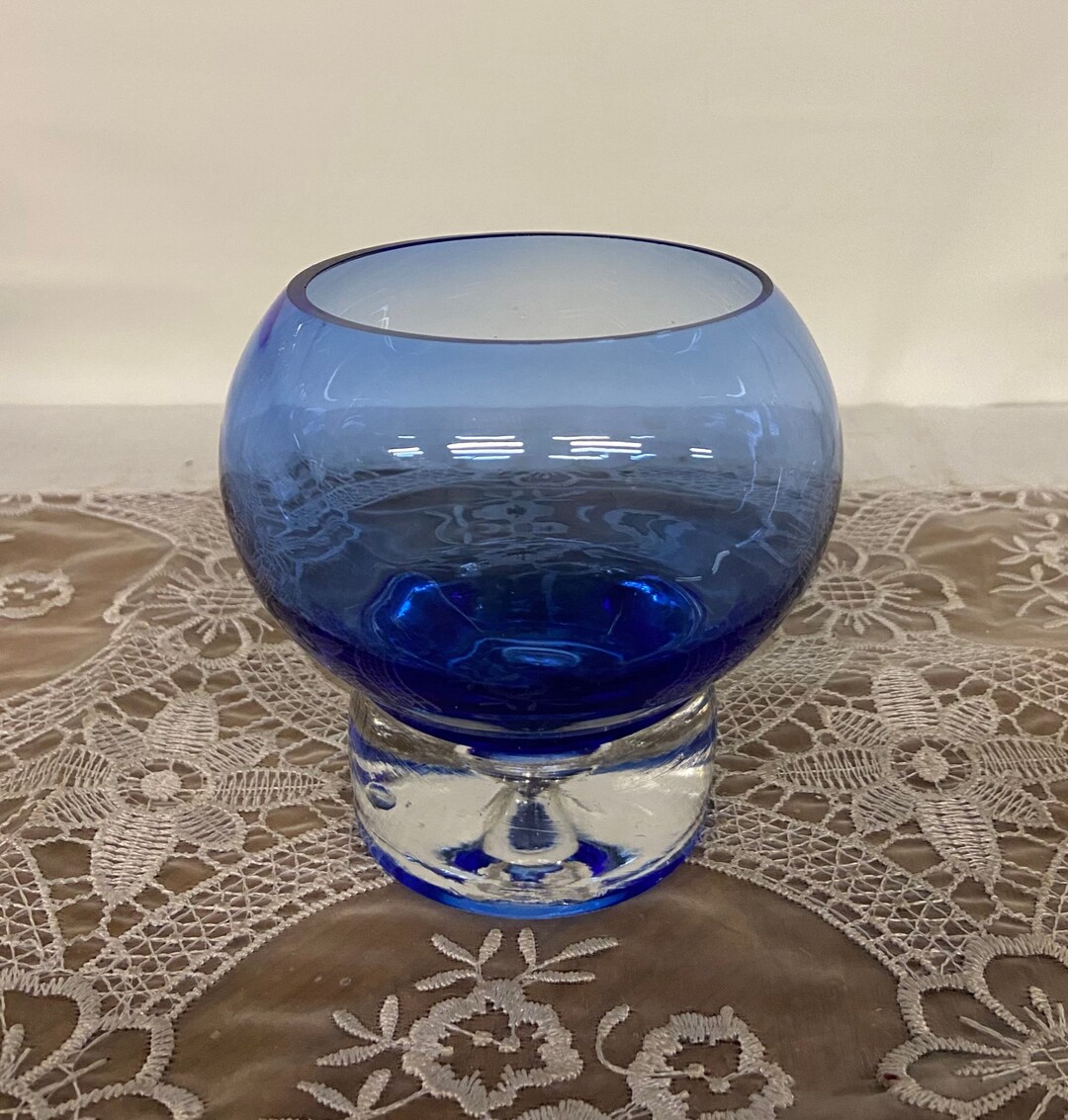 Art Glass Blue & Clear Bubble Base Round Art Glass Small Vase - Etsy