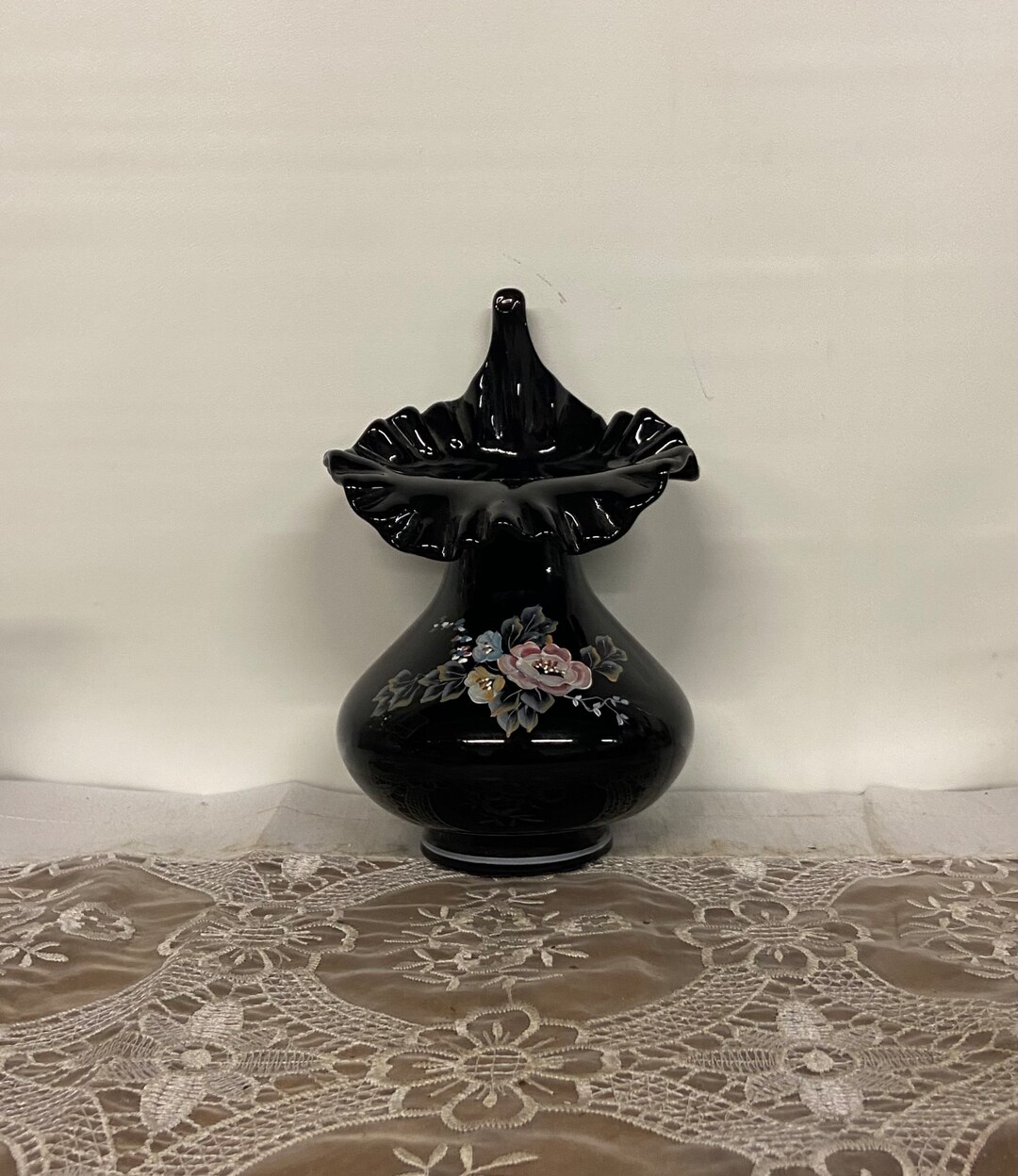 Fenton Black Glass Tulip Vase With Hand Painted Victorian Bouquet - Etsy