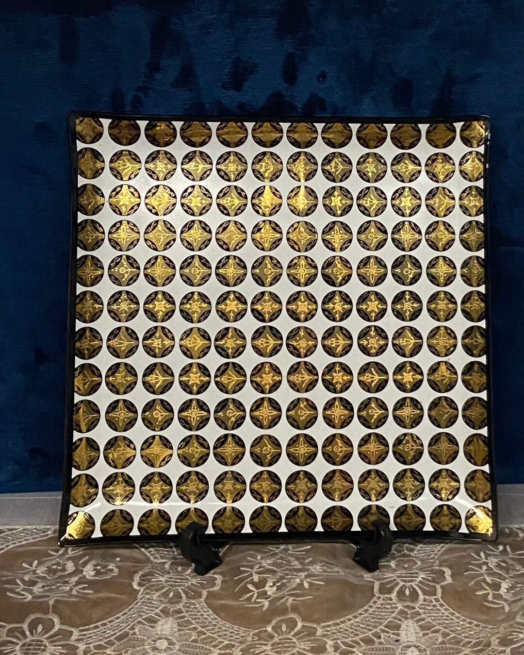 WHITE & GOLD COINS on Black Glass Mid Century Decorative Dish - Etsy