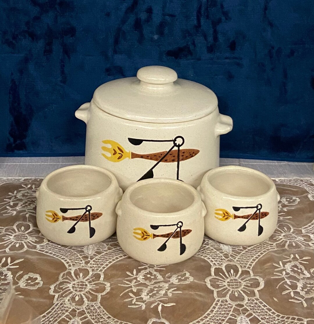 Westbend White Lidded Bean Pot & 3 Serving Cups - Etsy