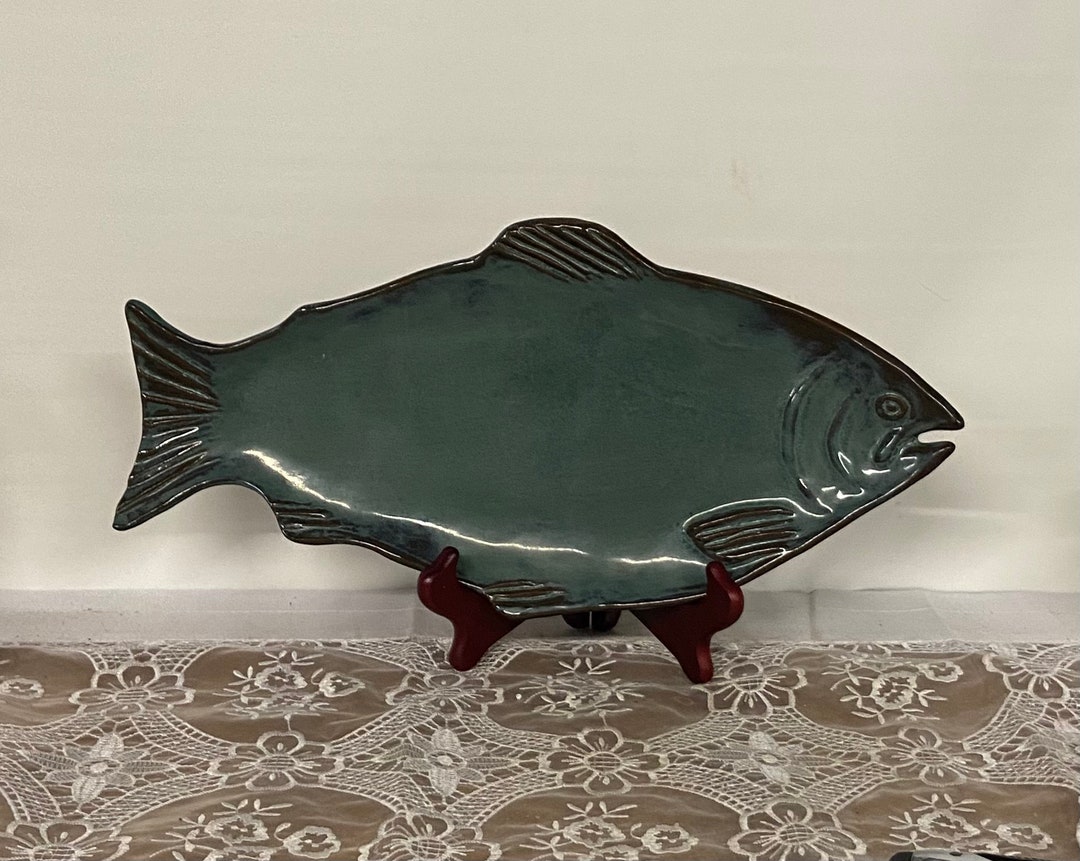 Thora Terra-cotta Large Blue Glaze Fish Platter - Etsy