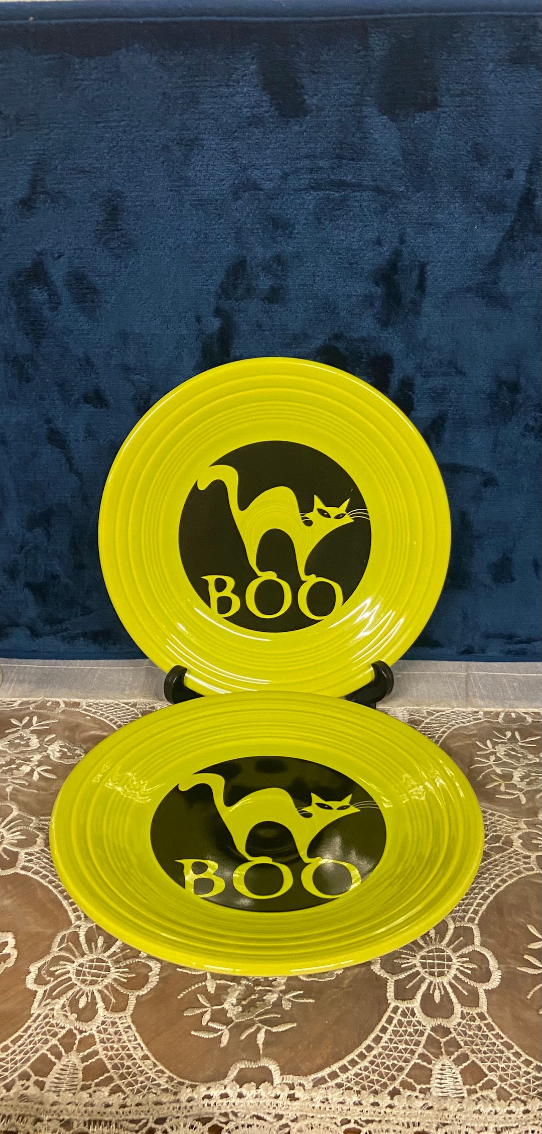 Homer Laughlin Fiesta Green Halloween Black Cat BOO Dinner Plates Pair ...