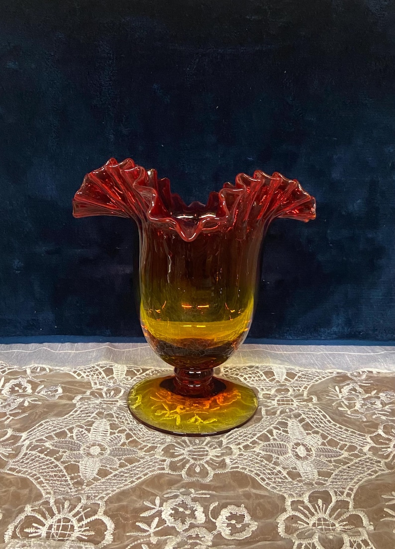 Blenko 388 Amberina Ruffled Pedestal Vase - Etsy
