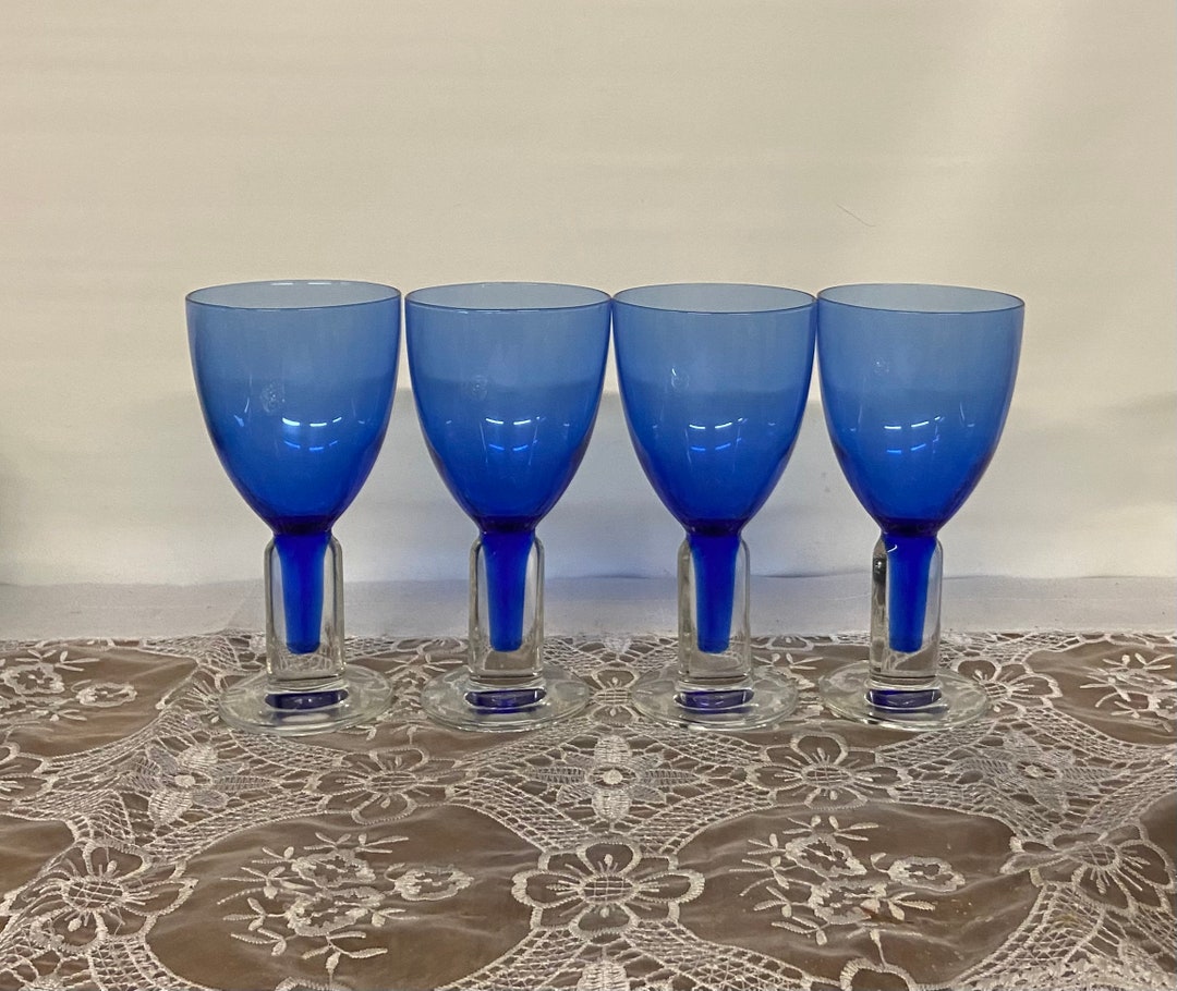 Bormioli Rocco Cobalt Blue & Clear Stemmed Wine Glass Set of 4 - Etsy