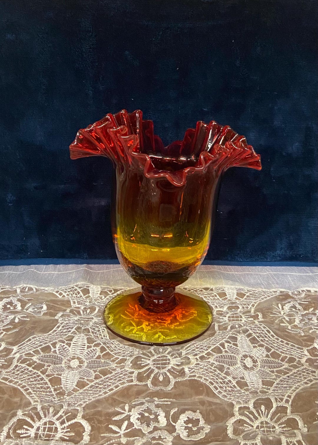 Blenko 388 Amberina Ruffled Pedestal Vase - Etsy