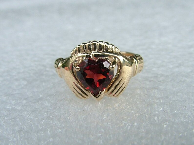 Gold Claddagh Ring With a Red Garnet Heart. Red Garnet Set in 10 Carat ...