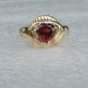 Gold Claddagh Ring With a Red Garnet Heart. Red Garnet Set in 10 Carat ...