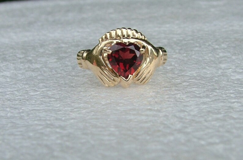Gold Claddagh Ring With a Red Garnet Heart. Red Garnet Set in 10 Carat ...