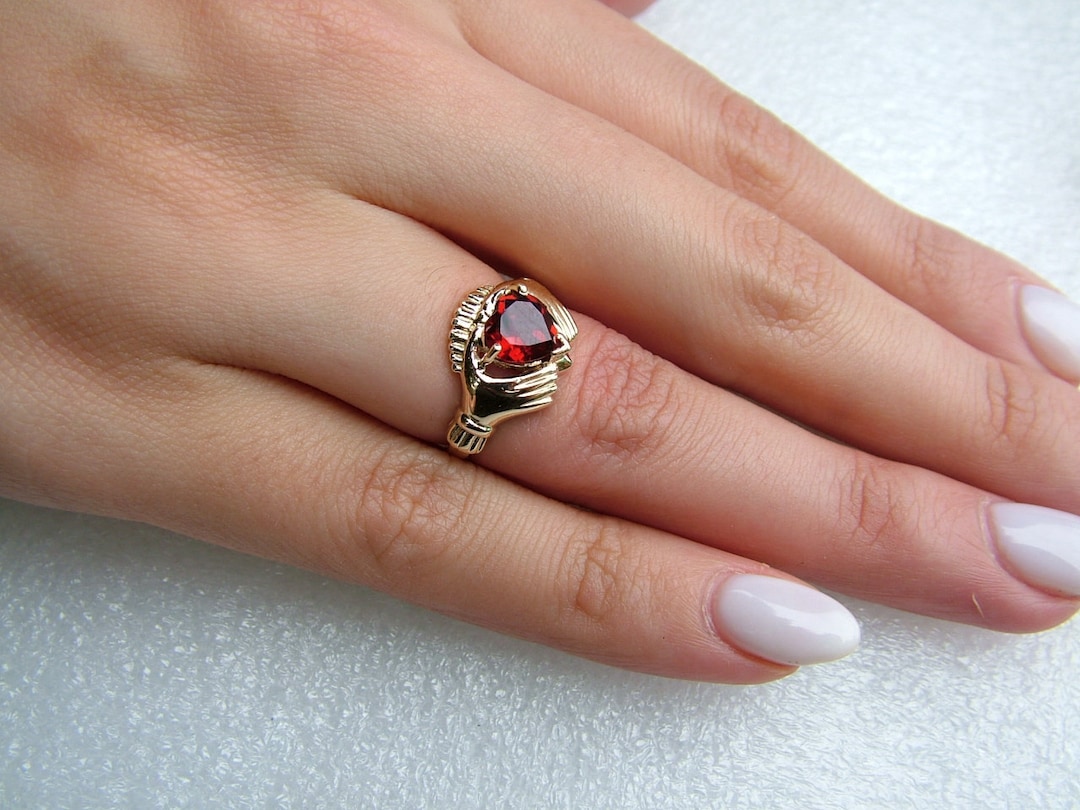Gold Claddagh Ring With a Red Garnet Heart. Red Garnet Set in 10 Carat ...