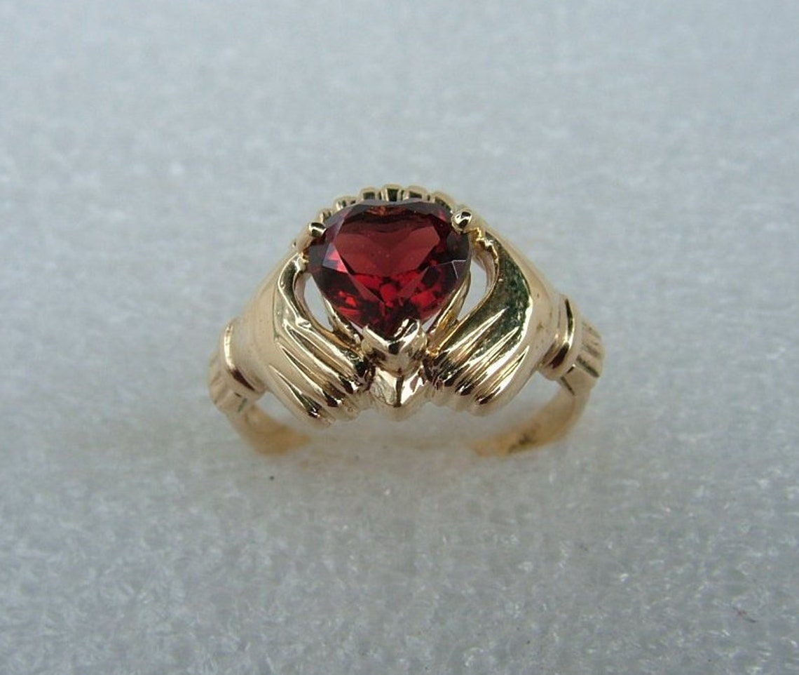 Gold Claddagh Ring With a Red Garnet Heart. Red Garnet Set in 10 Carat ...