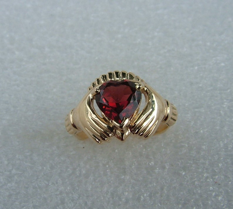 Gold Claddagh Ring With a Red Garnet Heart. Red Garnet Set in 10 Carat ...