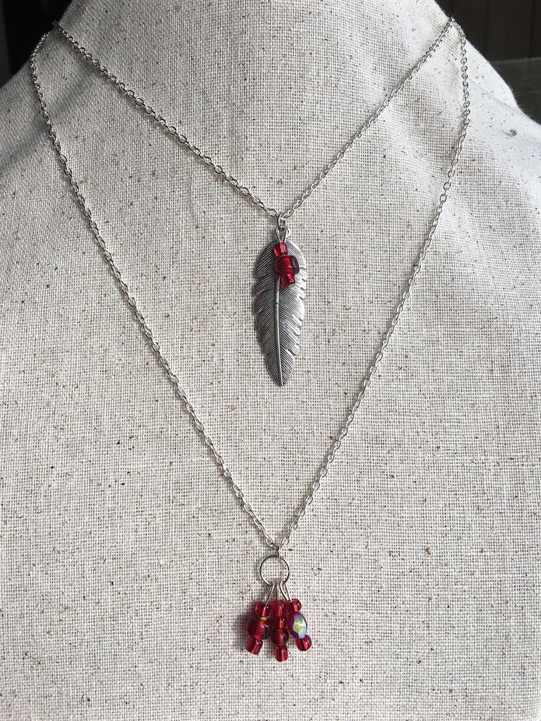 Two Strand Red Beaded Silver Feather Necklace Double Strand Red Feather ...