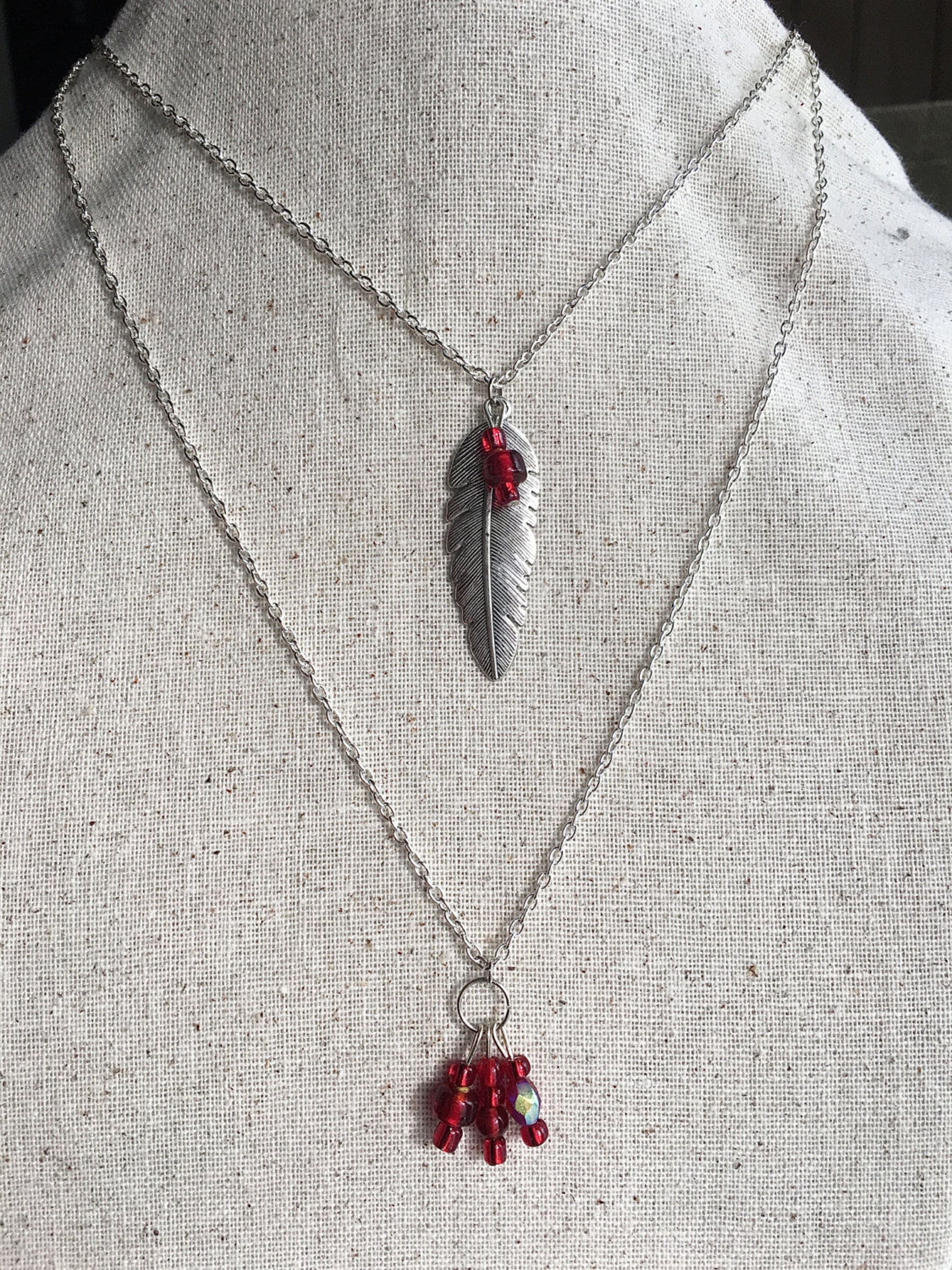 Two Strand Red Beaded Silver Feather Necklace Double Strand Red Feather ...