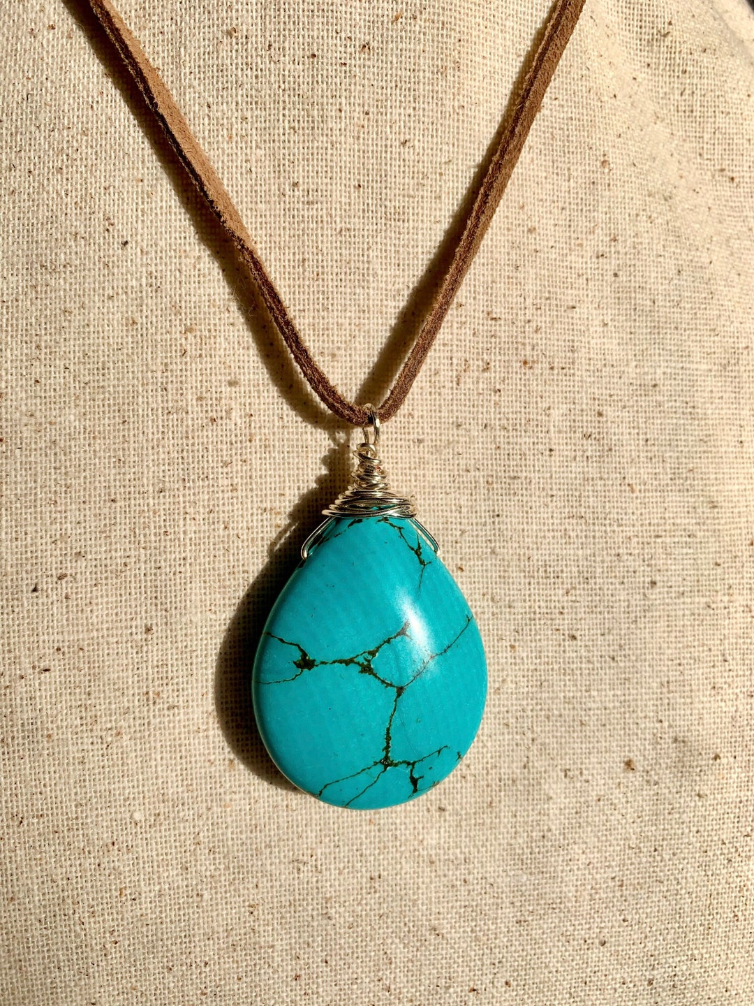 Teardrop Turquoise Wire Wrap Pennant With Leather Cord - Etsy