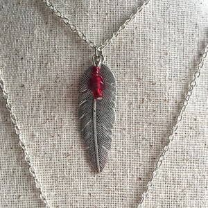 Two Strand Red Beaded Silver Feather Necklace Double Strand Red Feather ...