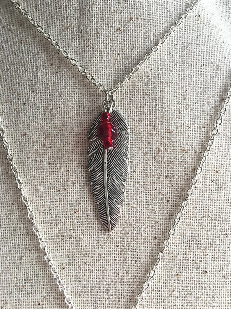 Two Strand Red Beaded Silver Feather Necklace Double Strand Red Feather ...