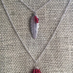 Two Strand Red Beaded Silver Feather Necklace Double Strand Red Feather ...