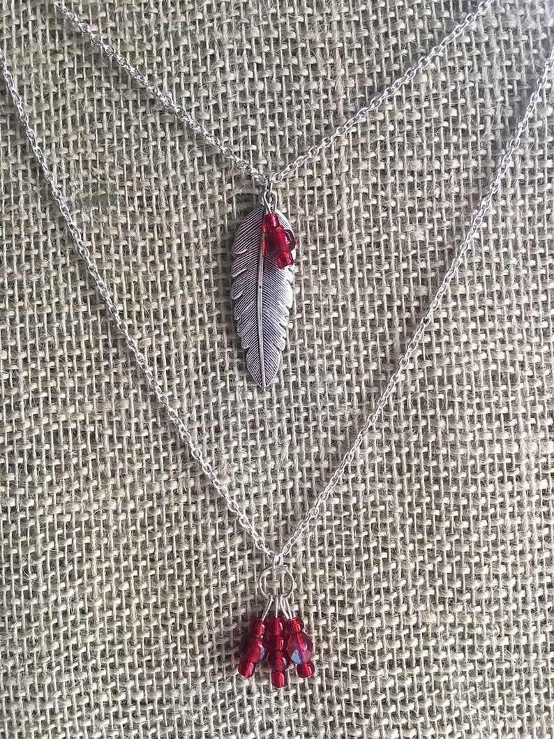 Two Strand Red Beaded Silver Feather Necklace Double Strand Red Feather ...