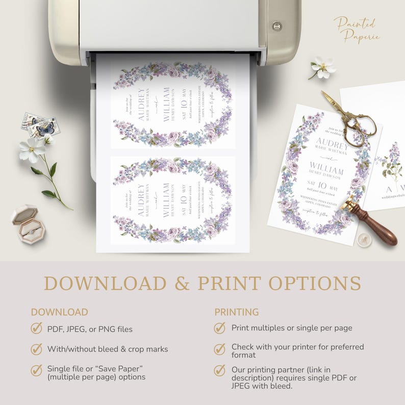 Lilac Floral Wreath Wedding Invitation Template Suite (digital Download ...