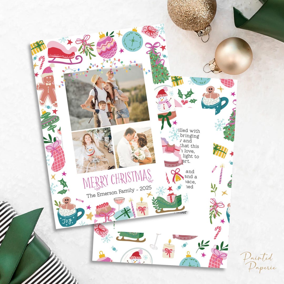 Whimsical Colorful Doodle Christmas Photo Card Template, Cute and Fun ...