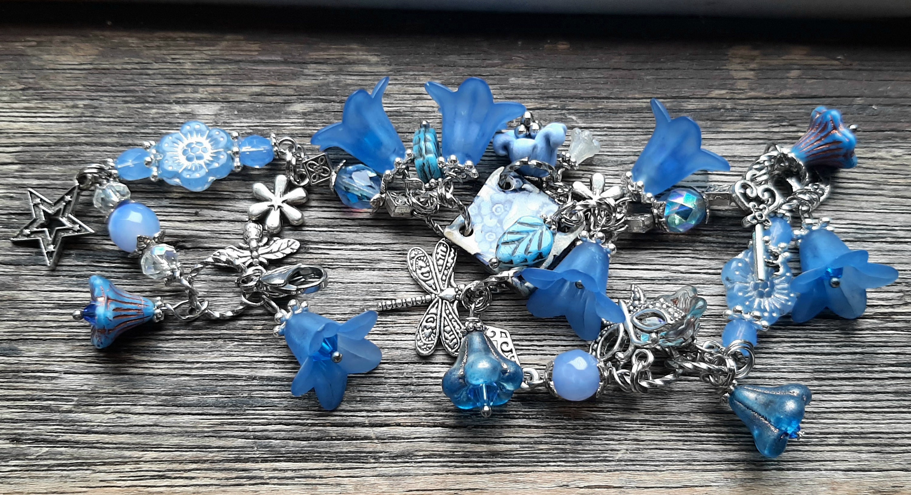 Cornflower Blue Flower Floral Charm Boho Blue Agate Bracelet, Delft ...