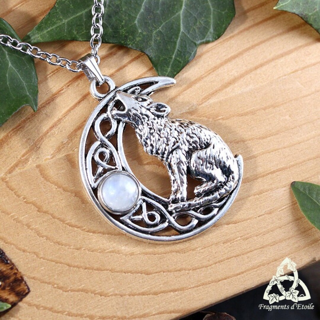 Celtic Moon and Wolf Necklace With Rainbow Moonstone, Medieval Fantasy ...