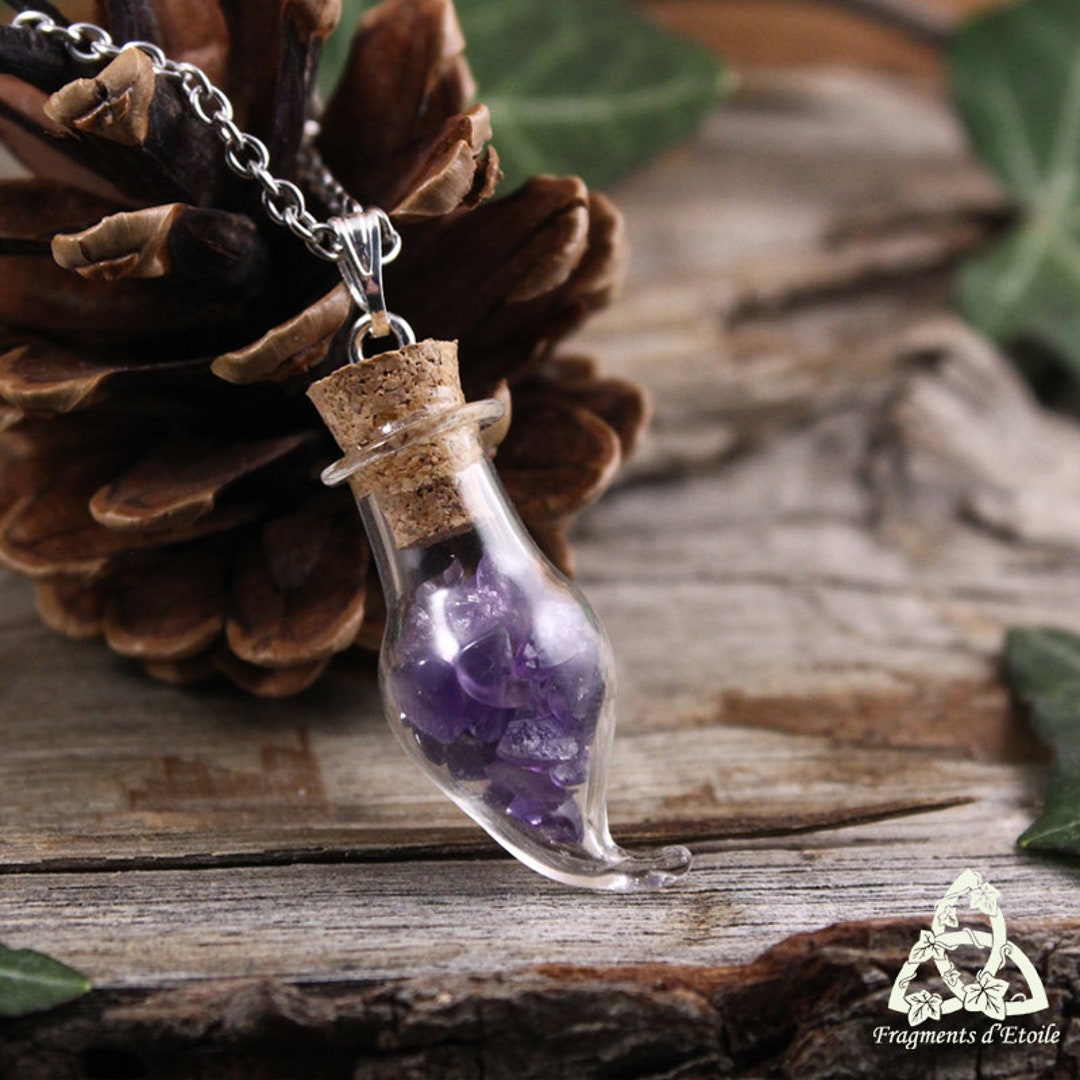 Collier fiole Améthyste, bouteille elfique, violet argenté, pointe ...