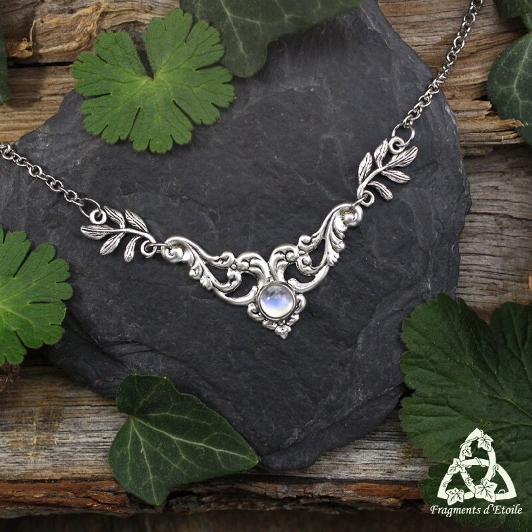 Victorian Elven Necklace Peristerite, Silver Interlacing Leaves, Blue ...