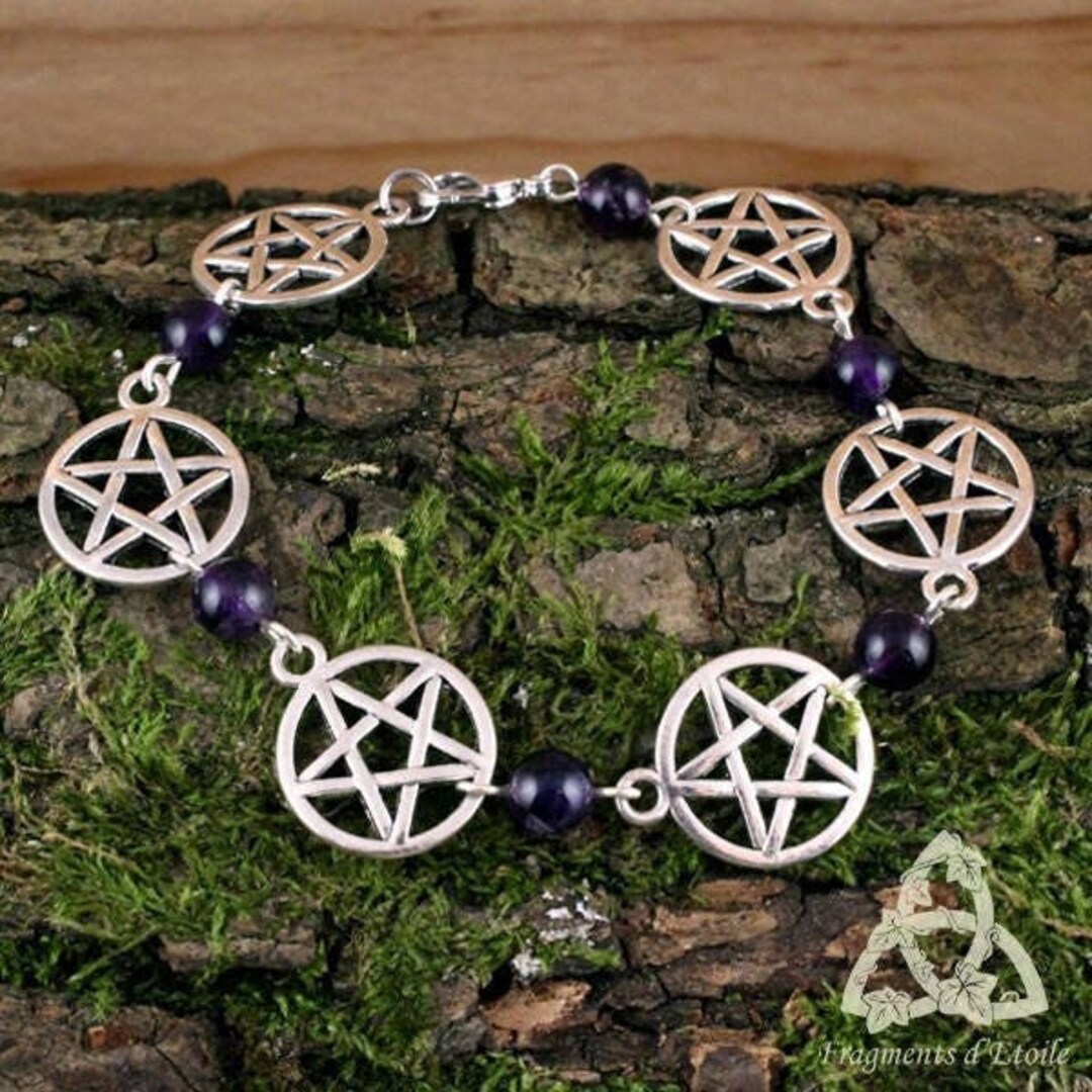 Esoteric Amethyst Bracelet, Wicca Pentagram Witch Jewelry, Silver and ...