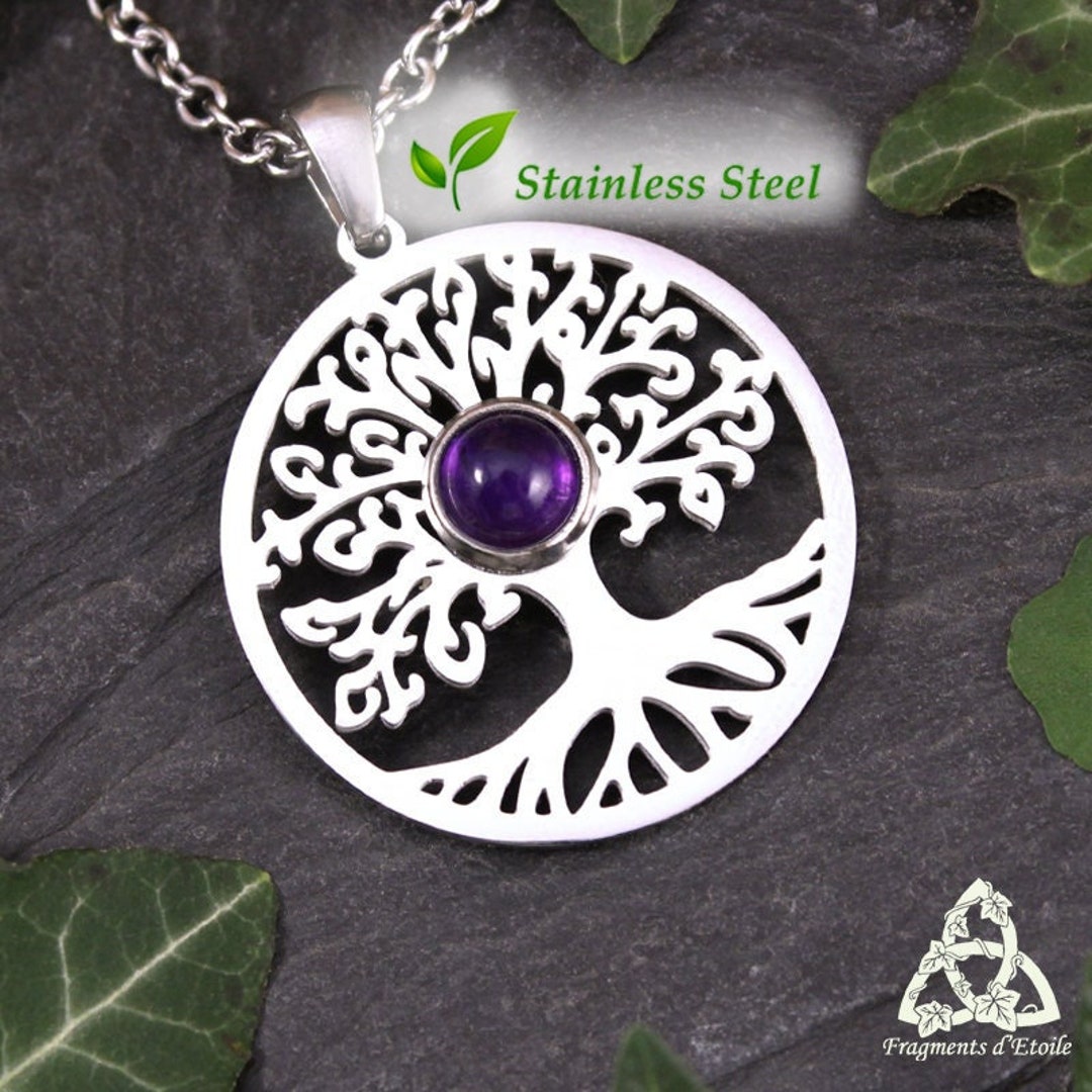 Tree of Life and Amethyst Stainless Steel Necklace, Celtic Medieval ...