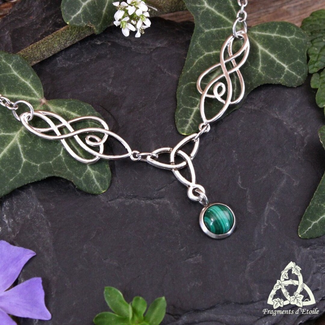 Elven Scroll and Malachite Necklace, Silver and Green Interlacing ...