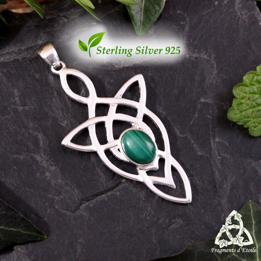 Elven Pendant in 925 Silver and Malachite, Celtic Knot and Interlacing ...