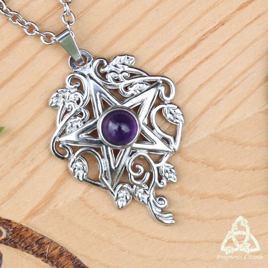 Esoteric Pentacle and Amethyst Necklace, Natute Scrolls and Leaves and ...