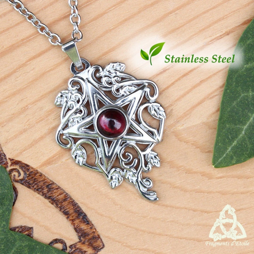 Esoteric Pentacle and Garnet Necklace, Nature Pendant With Scrolls and ...