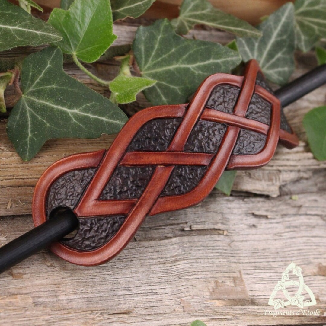 Brown Celtic Knot Leather Barrette, Brown Medieval Interlacing, Fairy ...