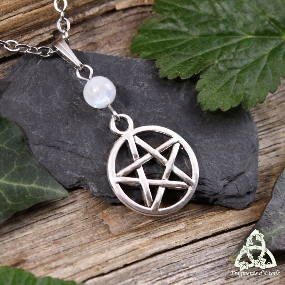 Esoteric Witch's Pentacle and Peristerite Necklace, Silver Pentagram ...