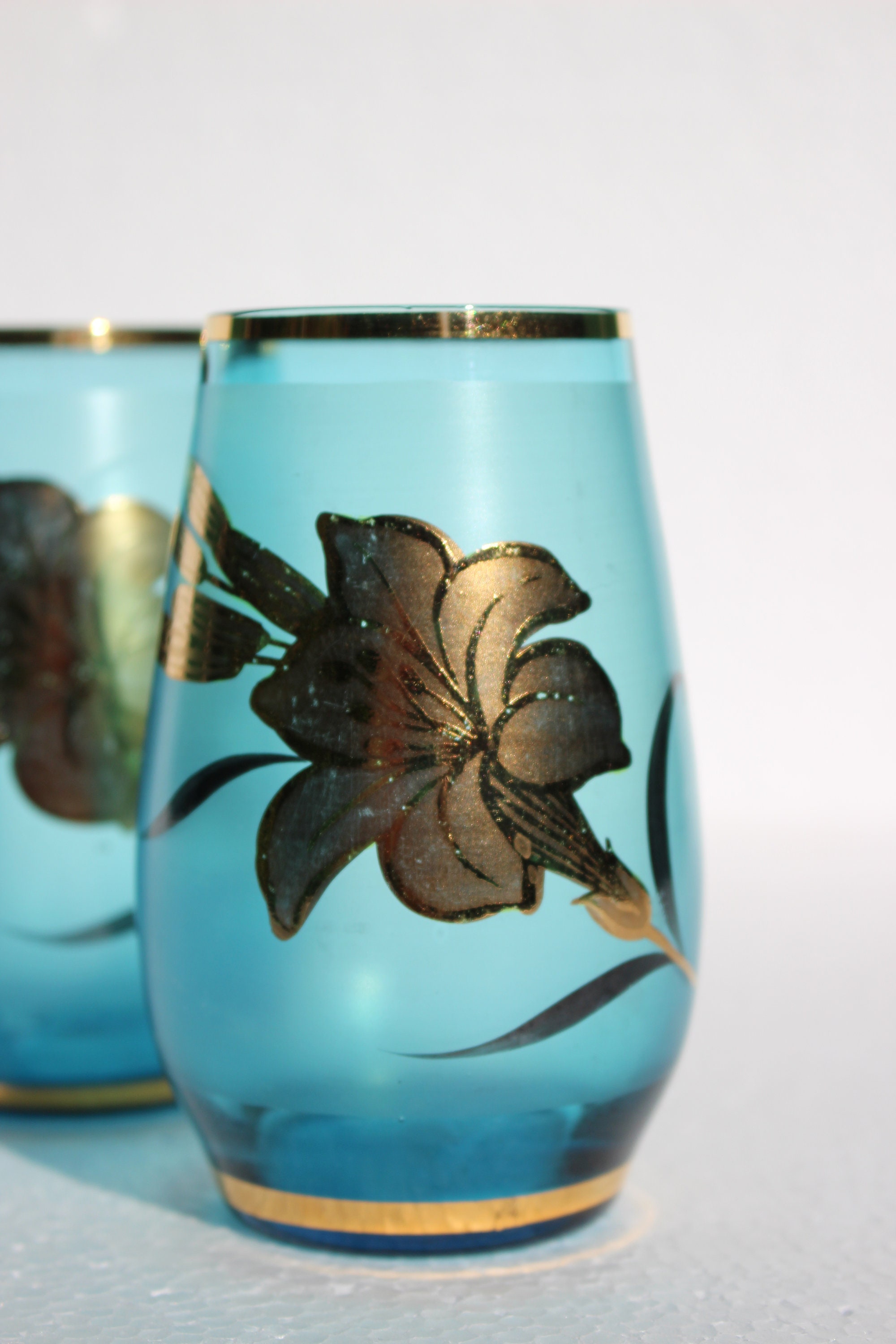 Mid Century Set of Six Blue Drinking Glasses With Gold Blossom - Etsy