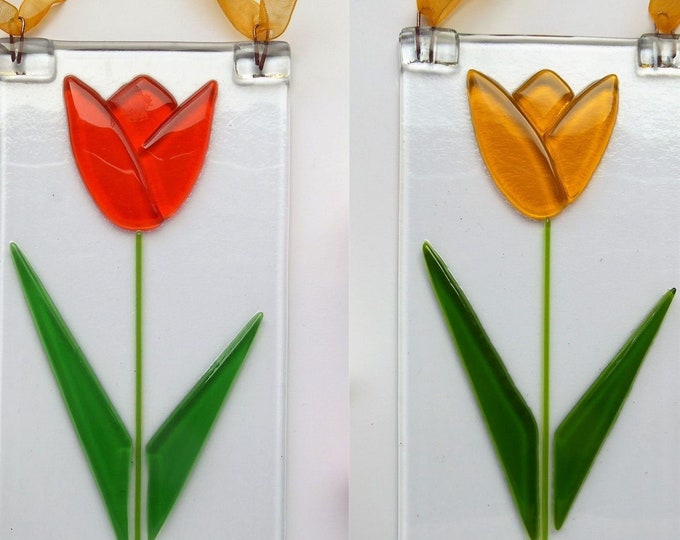 Fused Glass Flower Suncatcher. Orange Fused Glass Tulip Suncatcher. Yellow Tulip Fused Glass ...