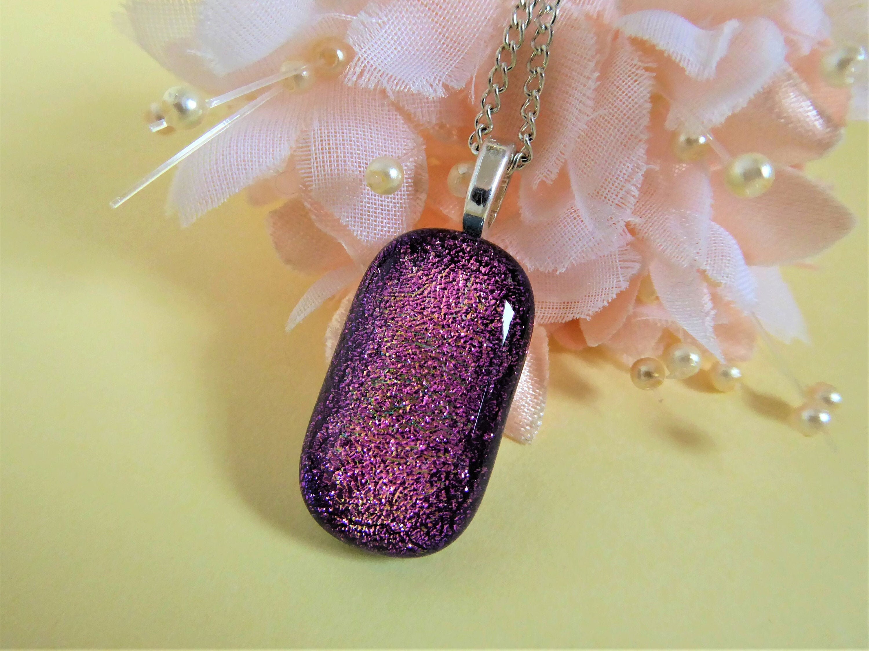 Pink Dichroic Glass Pendant. Magenta Fused Glass Necklace. - Etsy UK