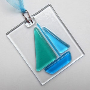 Fused Glass Sailing Boat Suncatcher. Blue Glass Hanging Sailboat ...