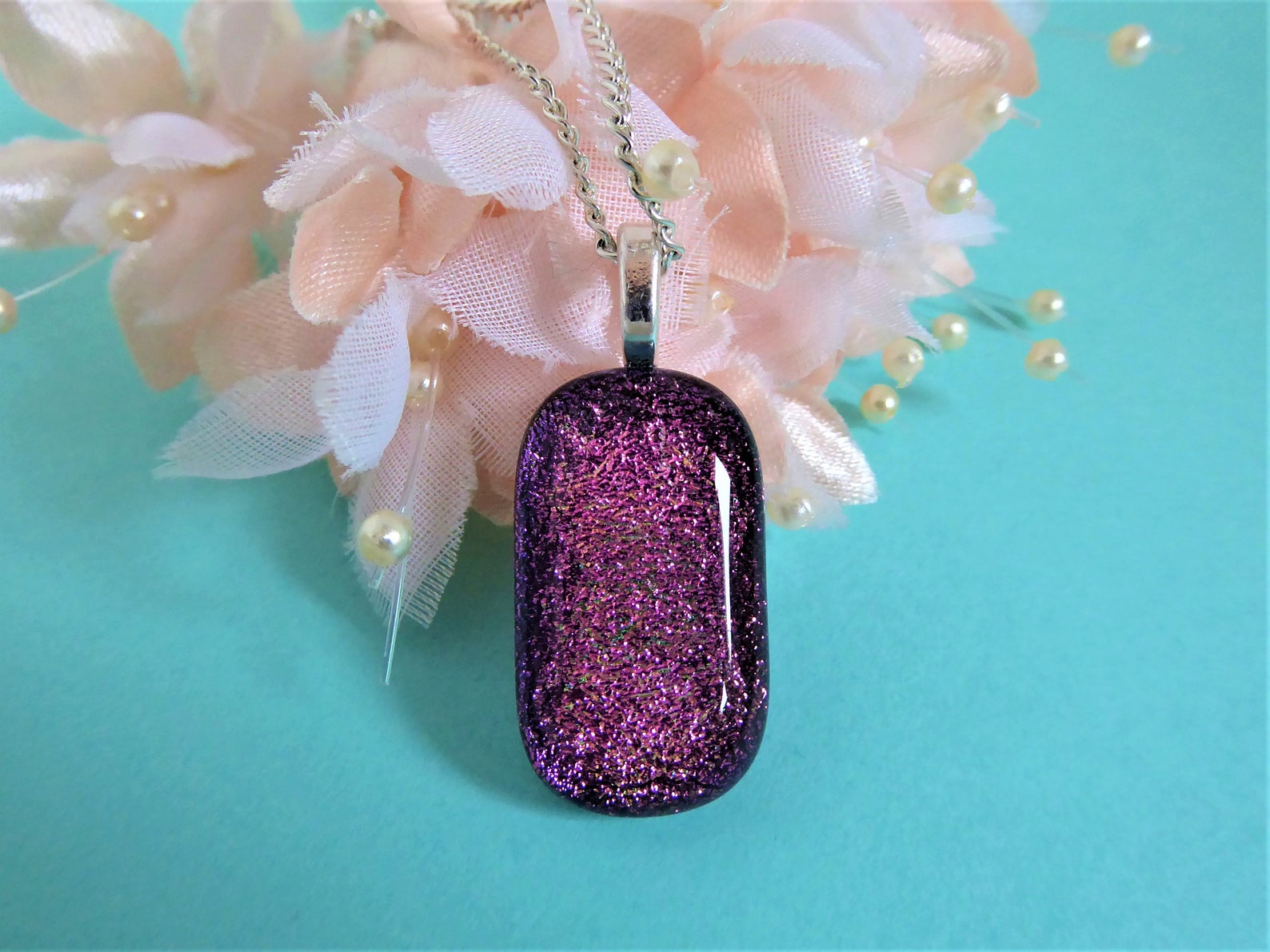 Pink Dichroic Glass Pendant. Magenta Fused Glass Necklace. - Etsy UK
