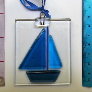 Fused Glass Sailing Boat Suncatcher. Blue Glass Hanging Sailboat ...
