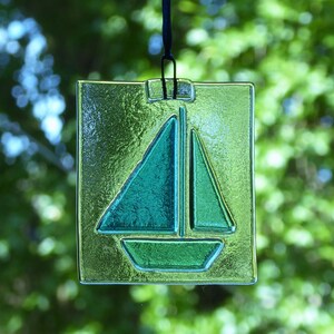 Fused Glass Sailing Boat Suncatcher. Blue Glass Hanging Sailboat ...