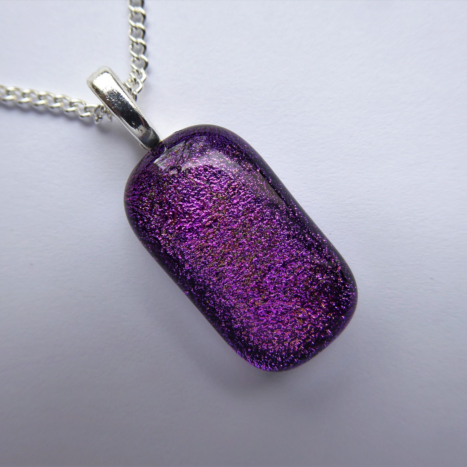 Pink dichroic glass pendant. Magenta fused glass necklace. | Etsy